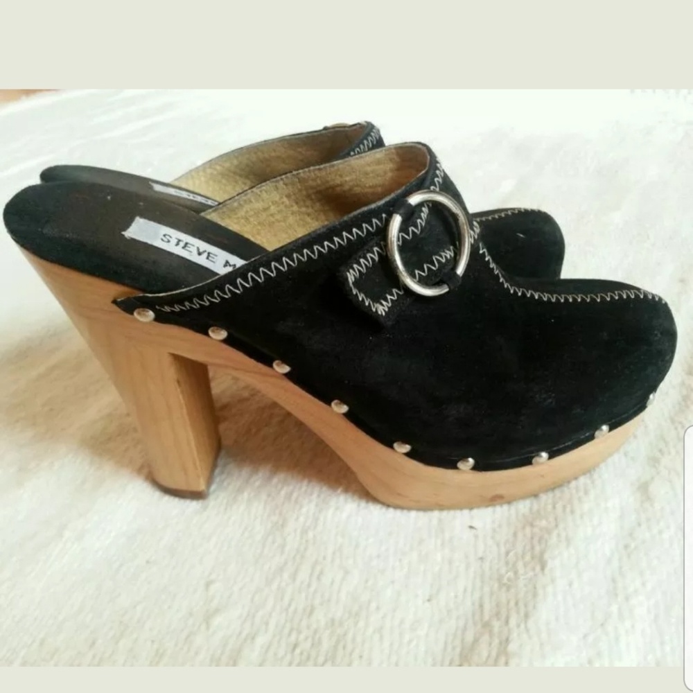 Steve Madden Clog Heels Platform Black Suede Wood - Gem